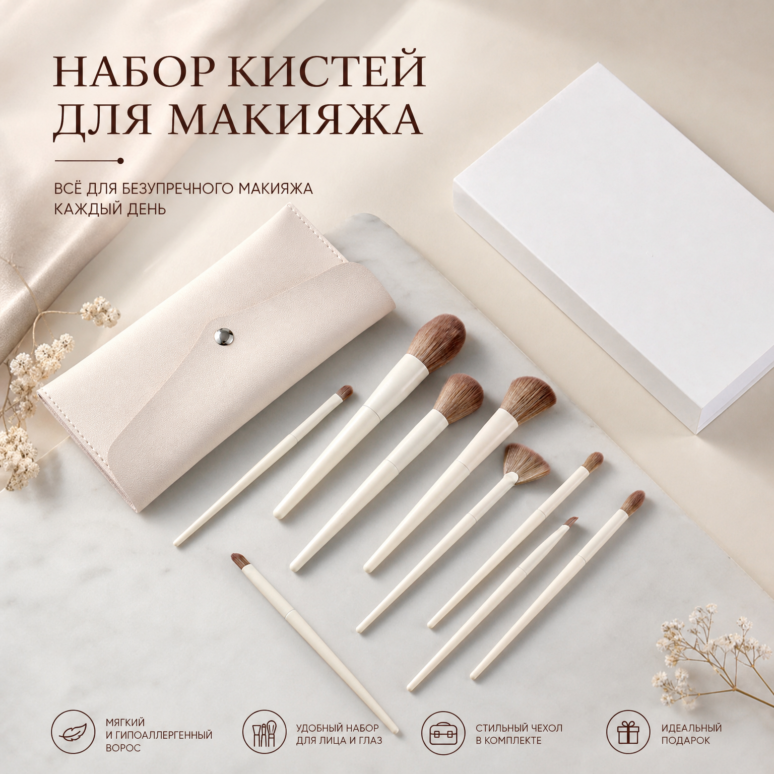 Набор профессиональных кистей для ежедневного макияжа BeautyArt, 10 шт с мягким гипоаллергенным ворсом в элегантной косметичке (Цвет товара: бежевый)