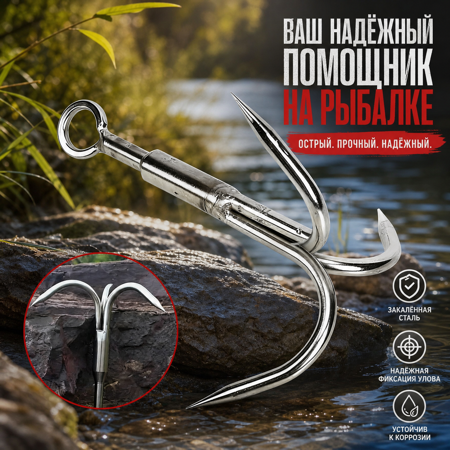 Якорь-кошка трехлапый из закалённой нержавеющей стали, острый, прочный и надёжный, для очистки дна, рыбалки и подводной охоты, с надёжной фиксацией улова и устойчивостью к коррозии (Длина: 120 мм)