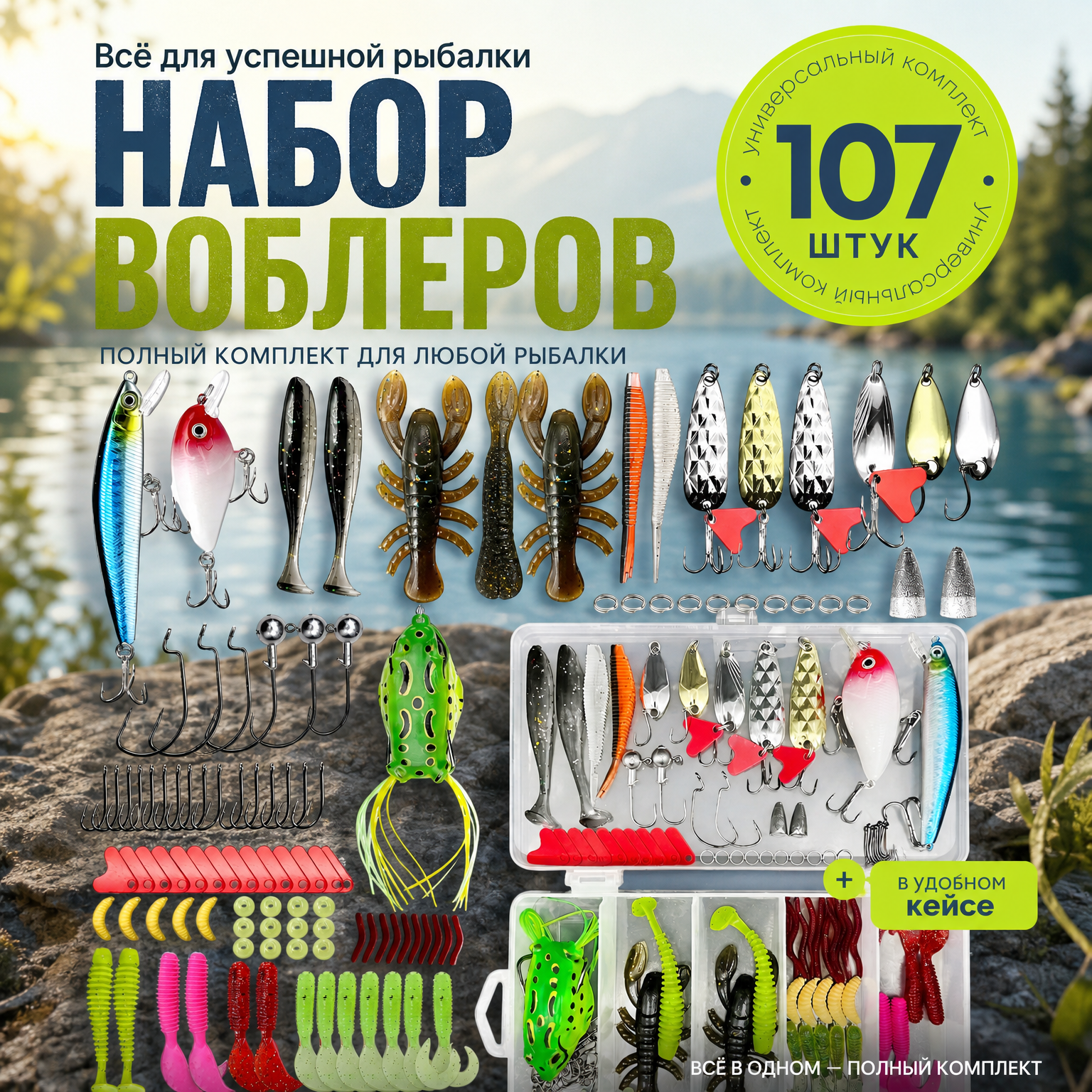 Полный рыбацкий набор 107 штук: воблеры, вращающиеся блесна, силиконовые приманки, аксессуары для ловли — полный комплект для любой рыбалки в удобном кейсе