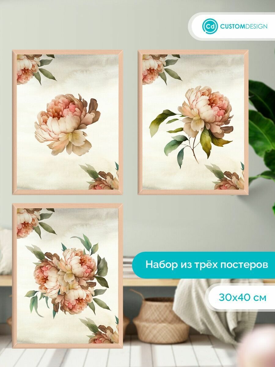 Постеры на стену для интерьера Пионы 30х40 см 3 штуки