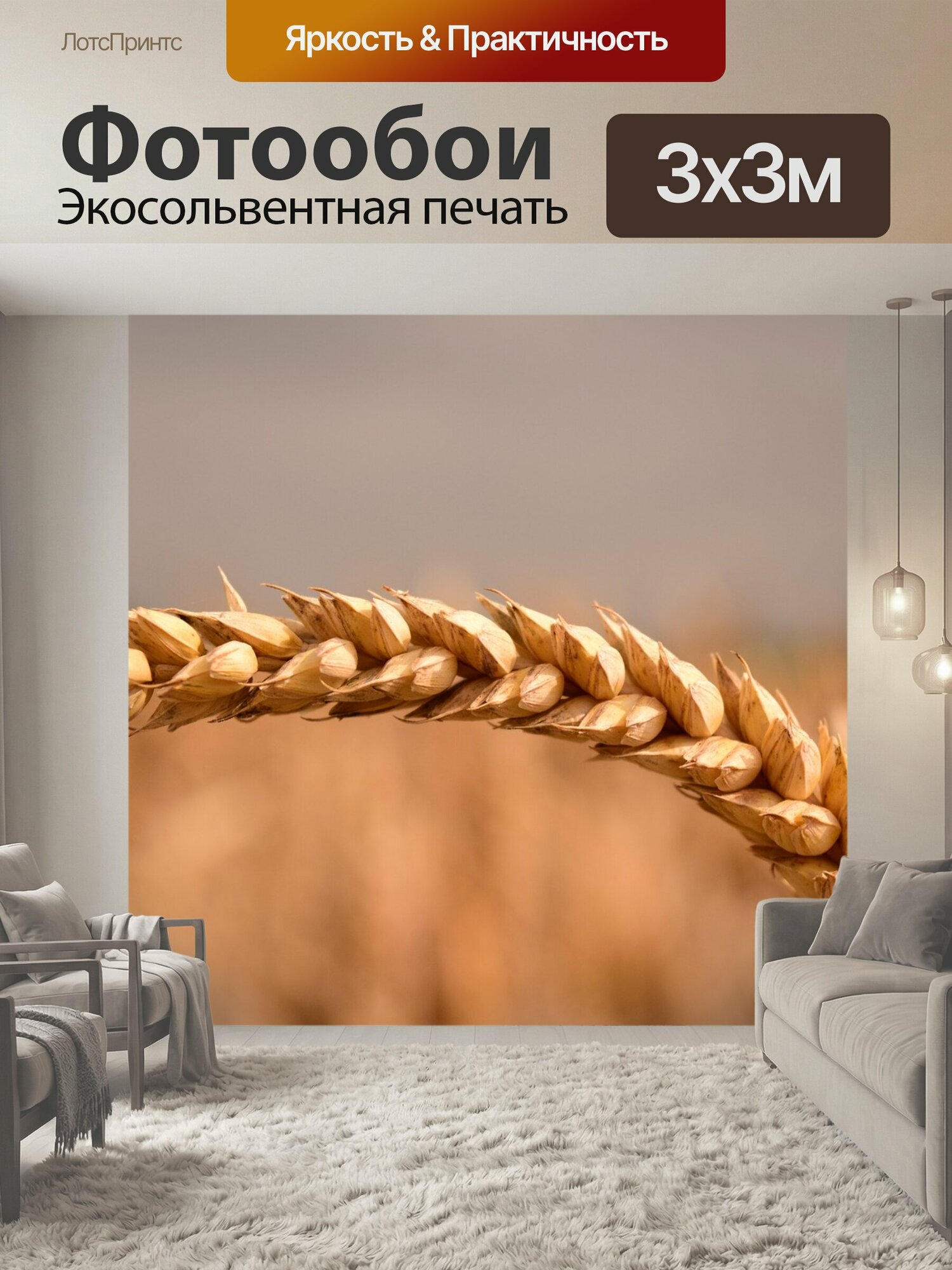 Фотообои "Пшеница, пшеничный колос, зерно" 300x300 см. экосольвентная печать