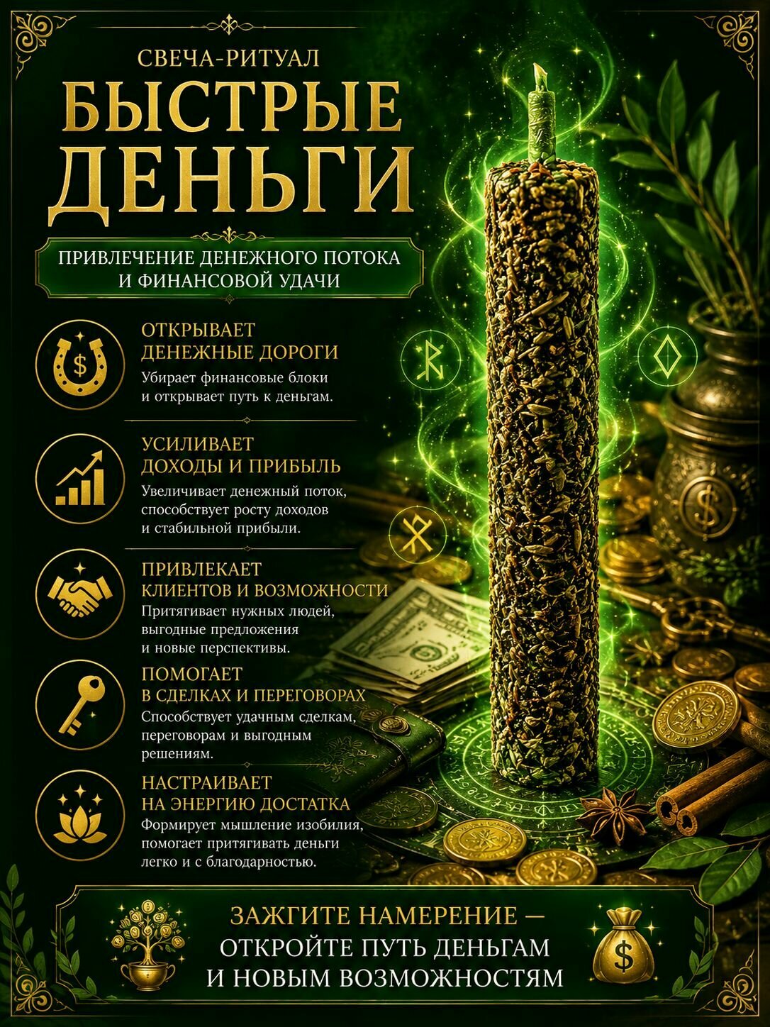 Свеча ритуальная с травами Быстрые Деньги, ручная работа, натуральный воск, 14 см