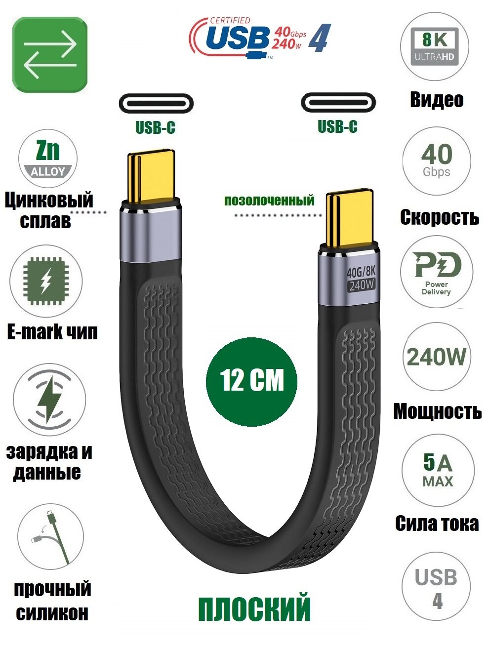 Кабель плоский Thunderbolt 4 Type C M 40 Гбит/с 8К USB4 PD 3.1 240 Вт 5А 12 см силикон