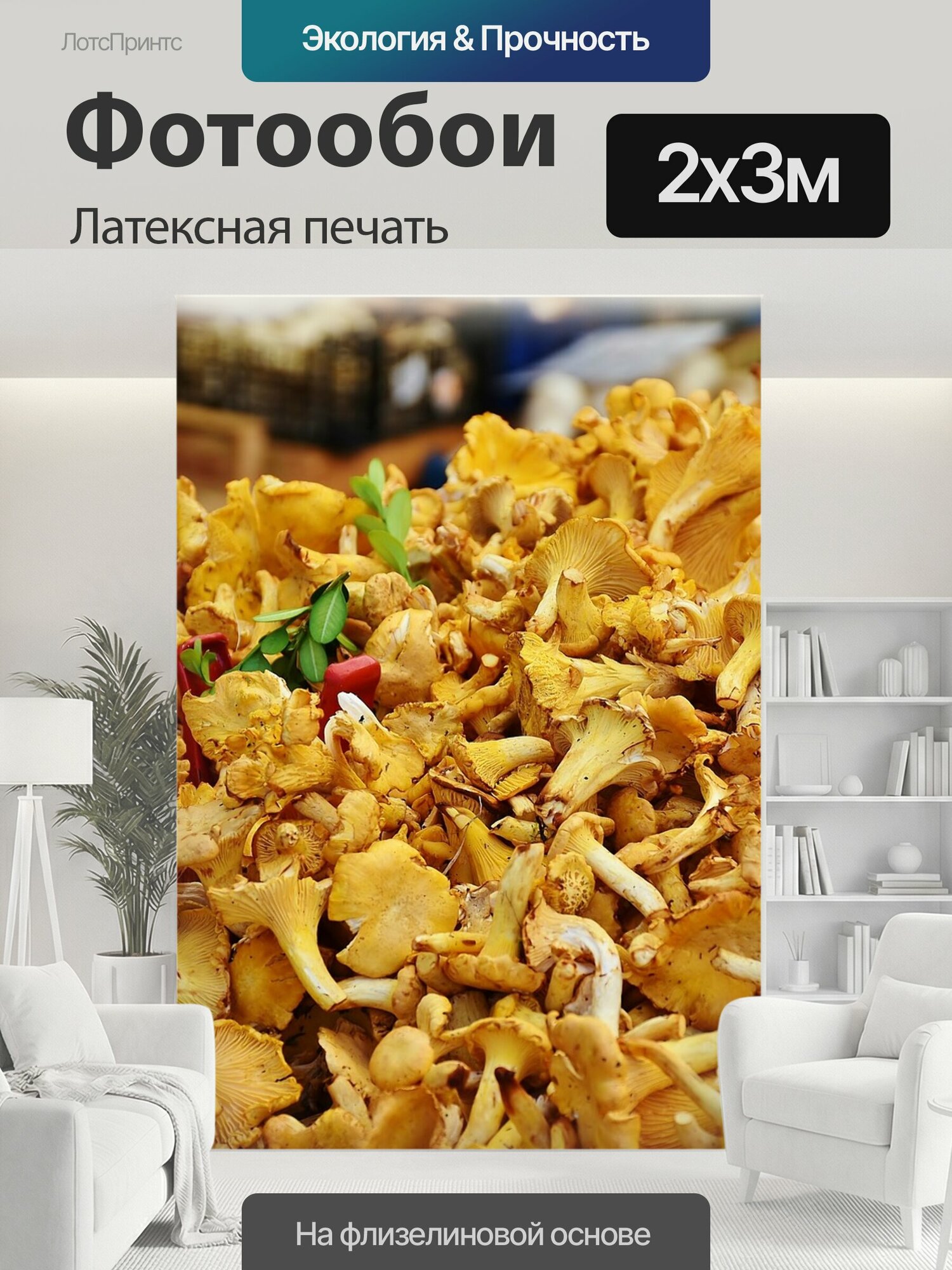 Фотообои моющиеся ударопрочные "Лисички, грибы, еда" 200x300 см. латексная печать