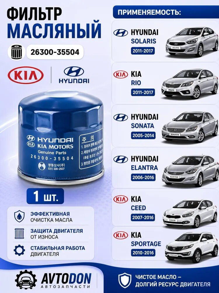 Фильтр масляный для Hyundai Solaris; Kia Rio; Sonata; Elantra; Ceed Sportage / Солярис, Рио Сид; // OEM: 26300-35504 2630035503 2630035505 263002Y500