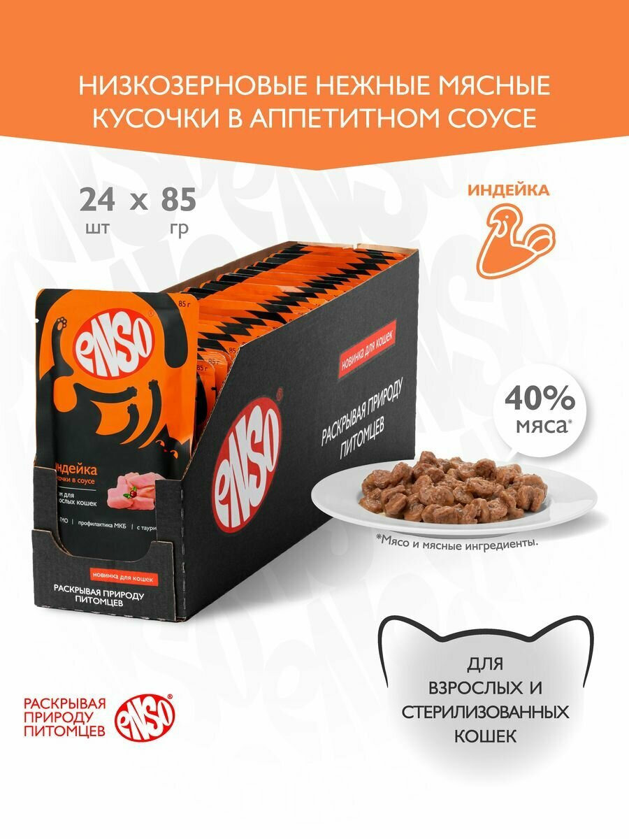 ENSO Корм влажный полнорационный для взрослых кошек, кусочки в соусе с индейкой, пауч 85г 24 шт.
