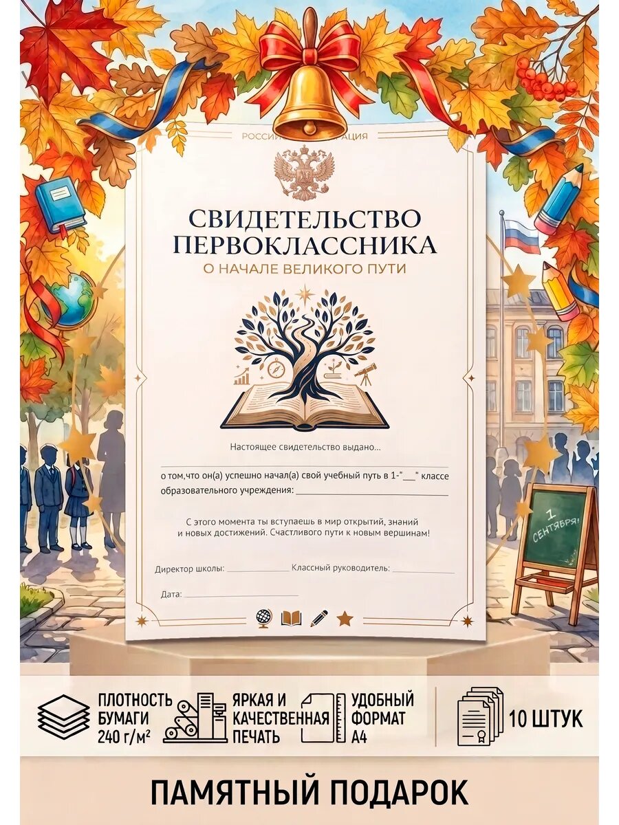 Свидетельство первоклассника на 1 сентября 10шт.