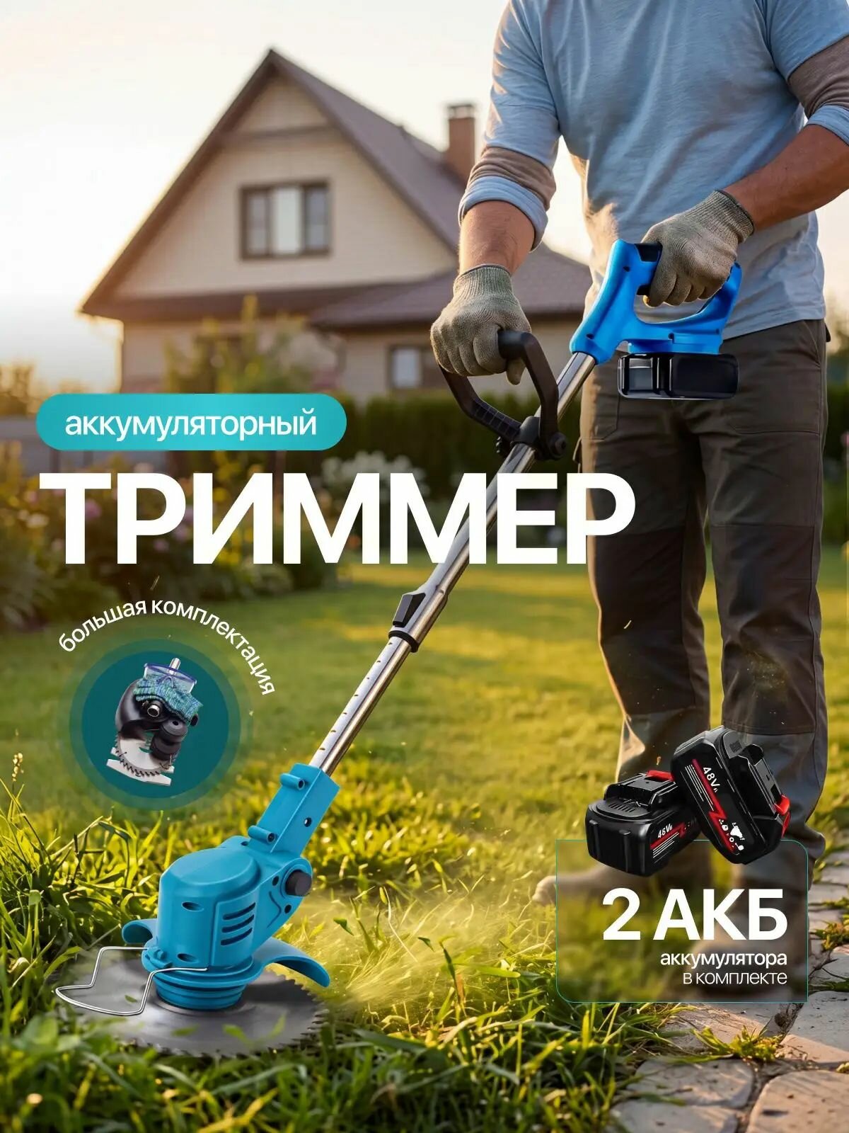 Садовый триммер аккумуляторный для травы, 2 аккумулятора 48В, 1200Вт, 10000 об/мин, 3 вида насадок-yw