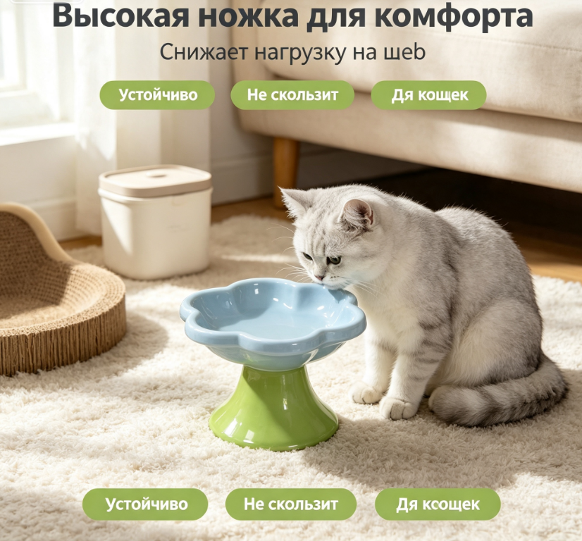 Керамическая миска для кошек на высокой ножке в форме цветка, защищает шею, предотвращает появление темного