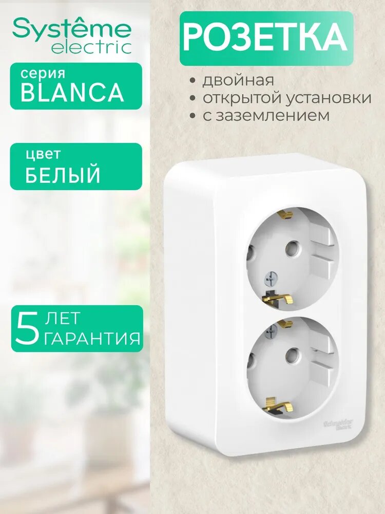 BLANCA розетка двойная открытой установки с заземлением без шторок 16 Ампер, Цвет белый Systeme Electric BLNRA010211