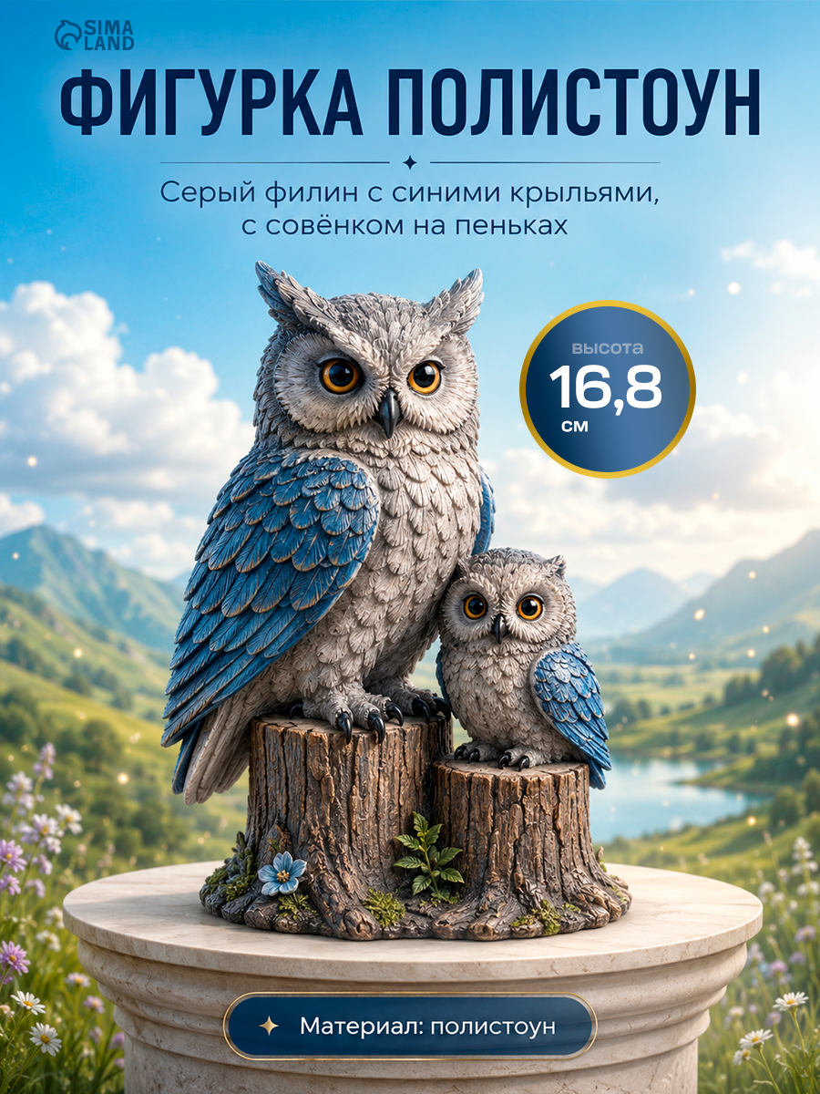 Фигурка полистоун «Серый филин с синими крыльями, с совенком на пеньках», 16.8×9.5×5 см