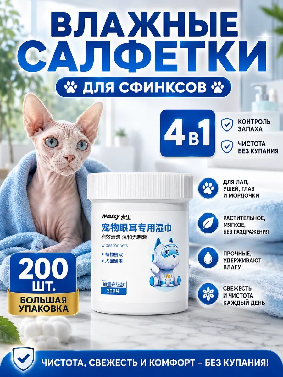 Салфетки для уборки для бесшёрстных кошек