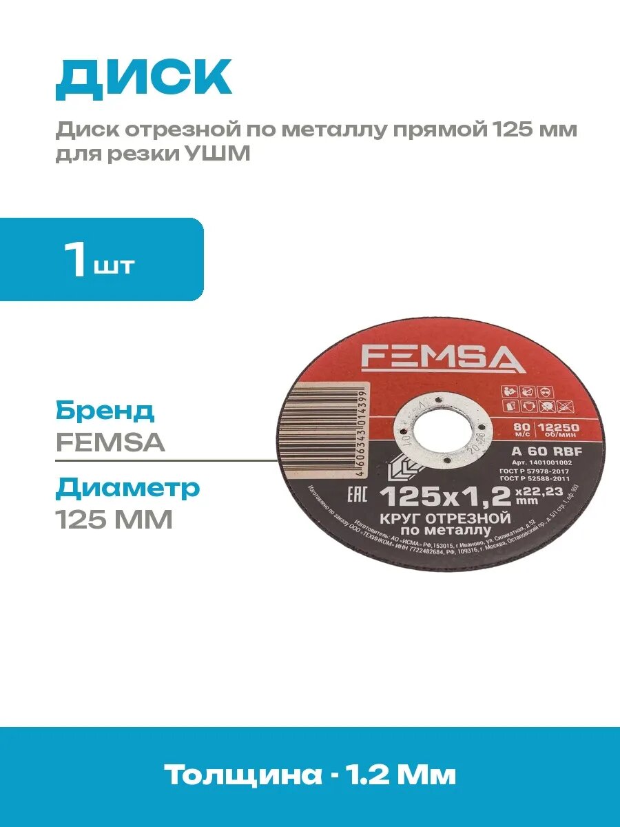 Круг отрезной по металлу 125х1.2 мм диск для болгарки УШМ
