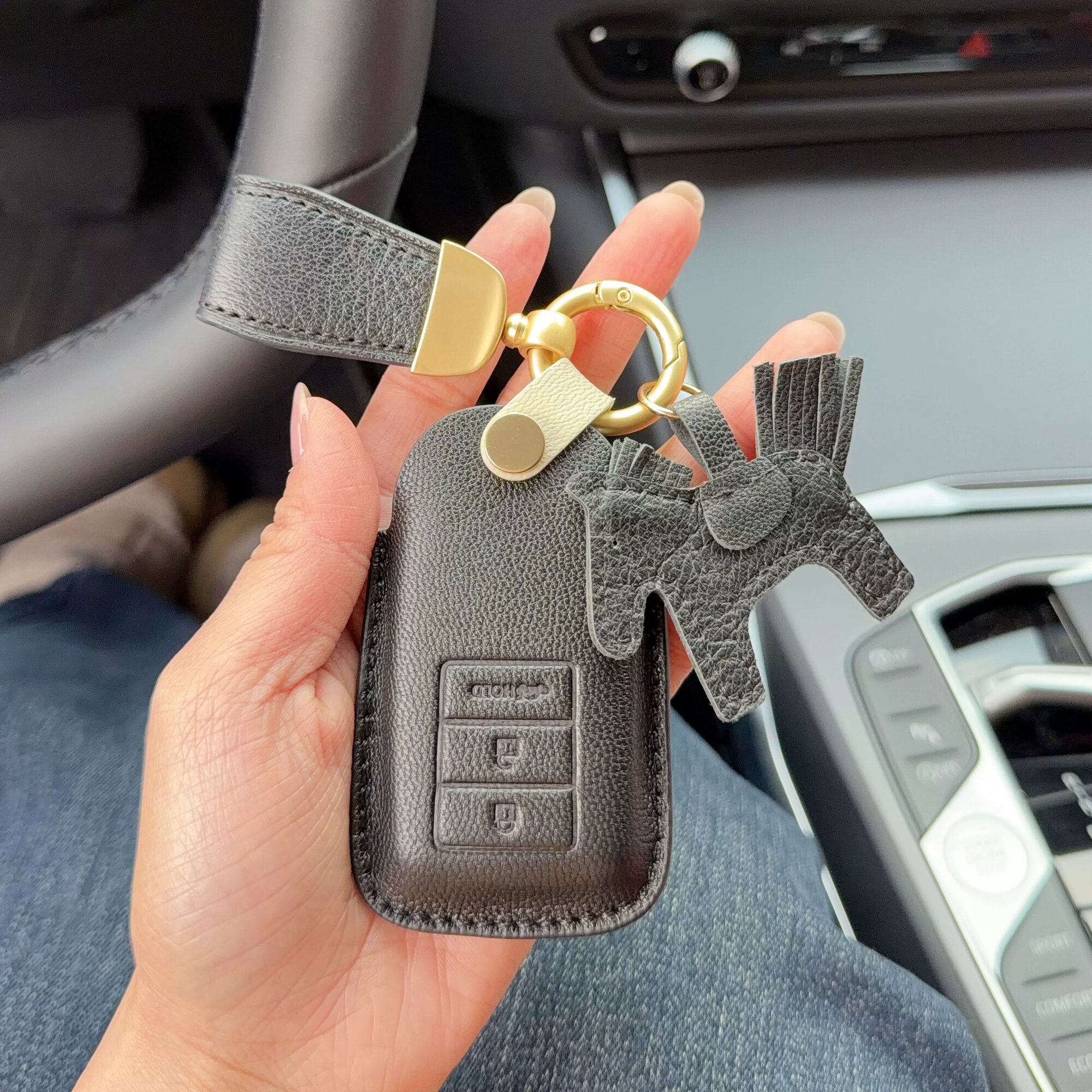 Автомобильный чехол для ключей Acura из натуральной кожи с черной короткой пряжкой и черной лошадью