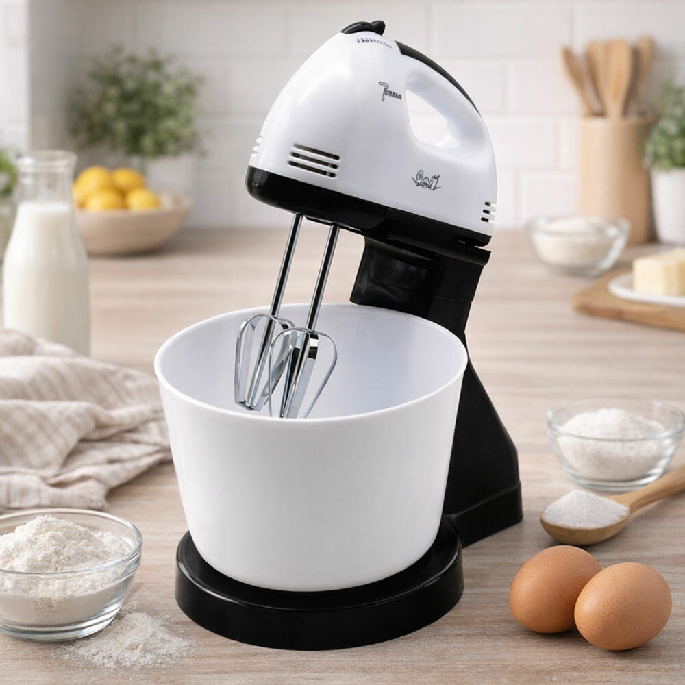 Миксер Sakura SA-6313C с чашей 2л, 7 скоростей, 250Вт, 2 венчика и 2 крюка, белый