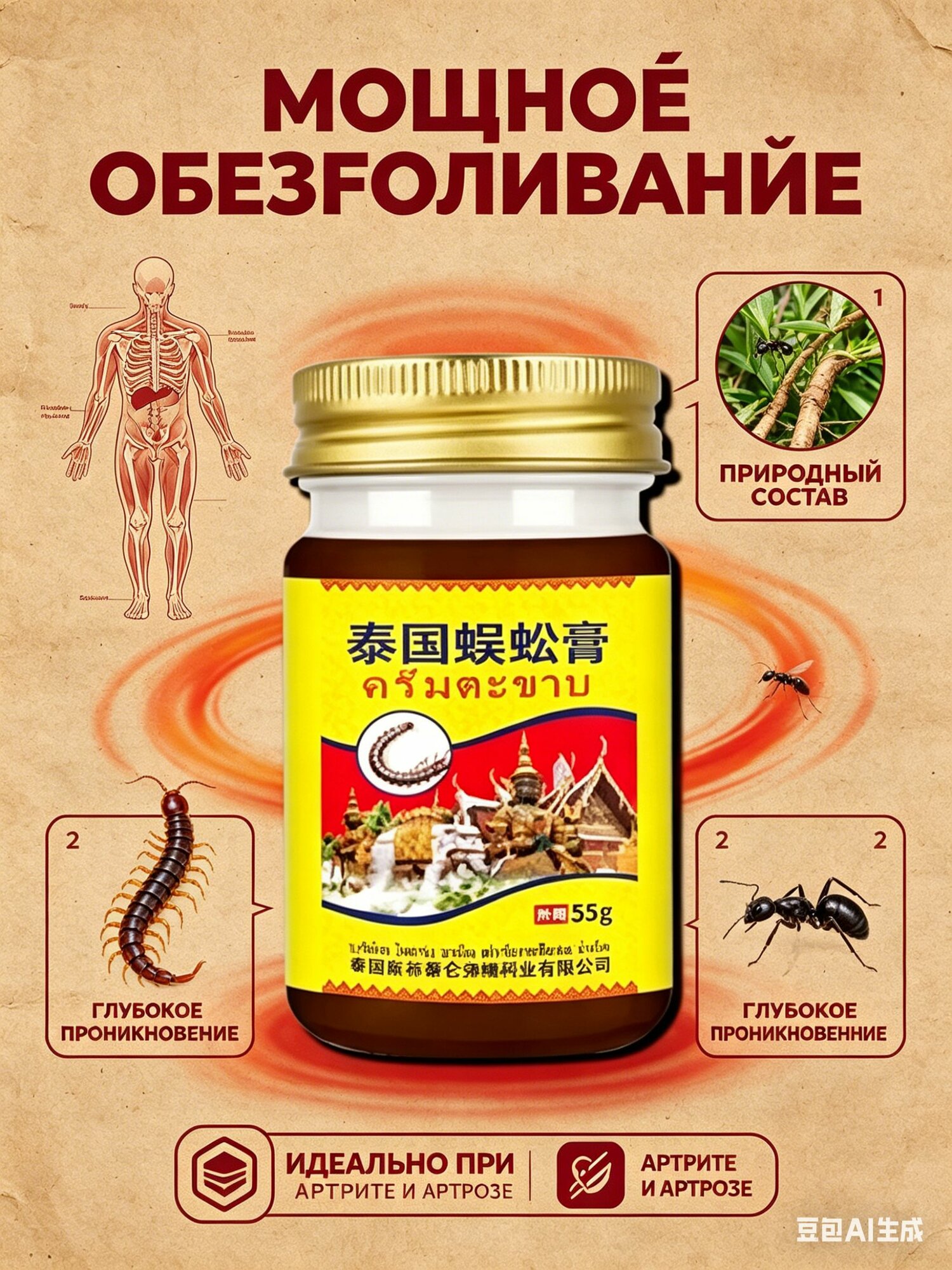 Тайская мазь для суставов и мышц, Обезболивающий бальзам сороконожка от артрита, отеков и ревматизма, натуральное средство для спины и поясницы, 55г от боли в суставах от боли в мышцах для поясницы
