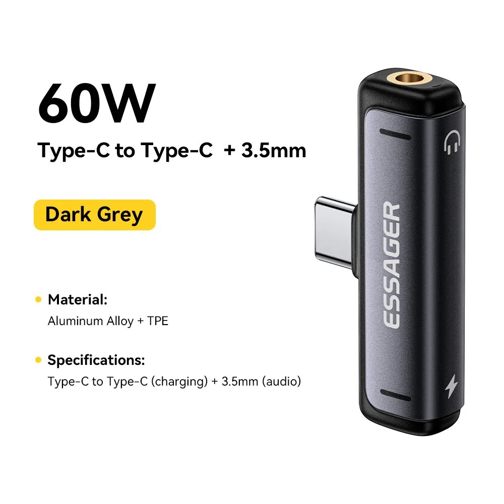 Адаптер Essager 2 в 1 USB Type-C на 3,5 мм Jack, 60 Вт, конвертер Type-C 3,5 мм для наушников, аудио-аудиоадаптер для MacBook, iPhone, Xiaomi