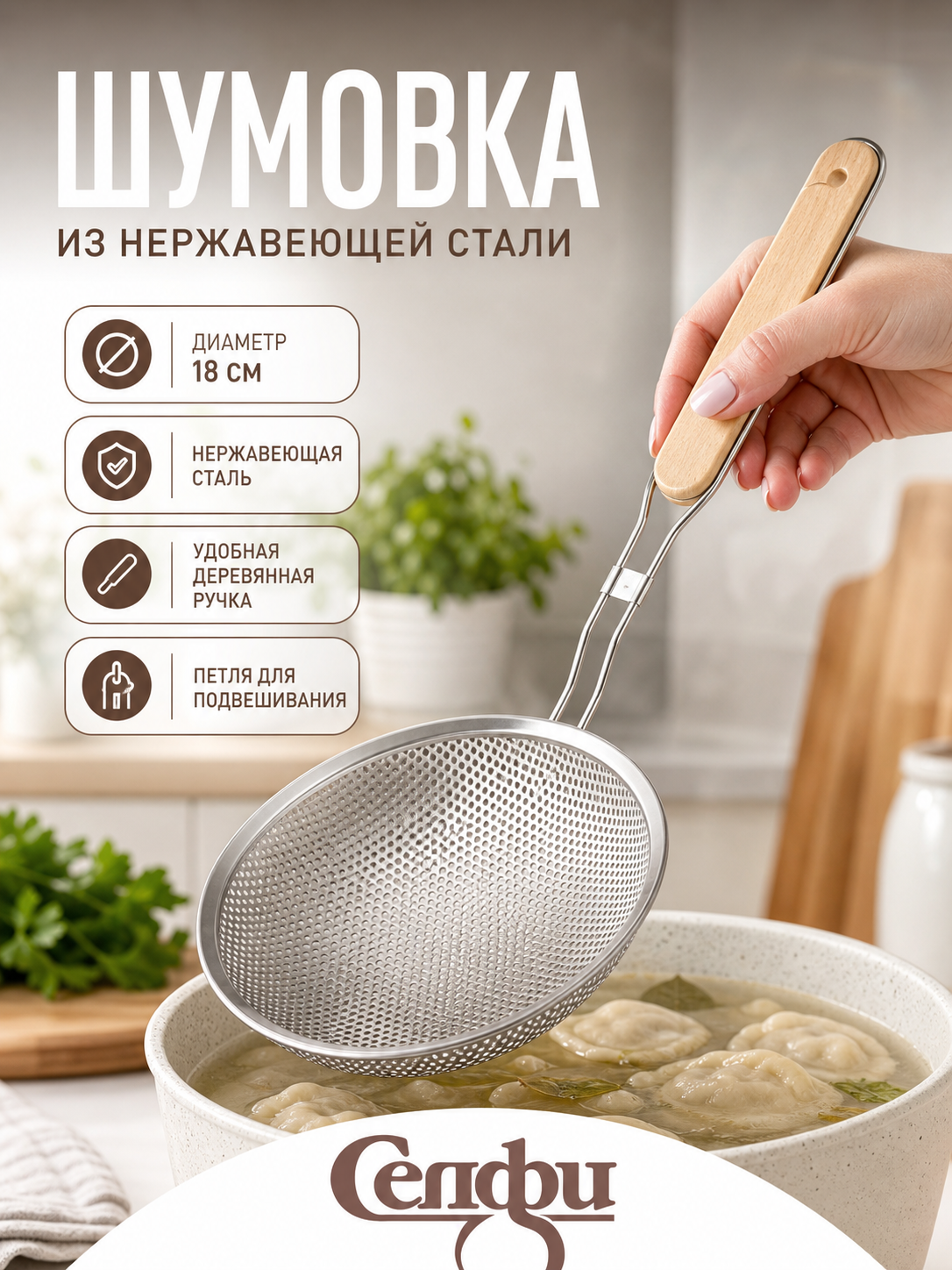 Шумовка из нержавеющей стали, d18 см, деревянная ручка, отверстие для подвешивания