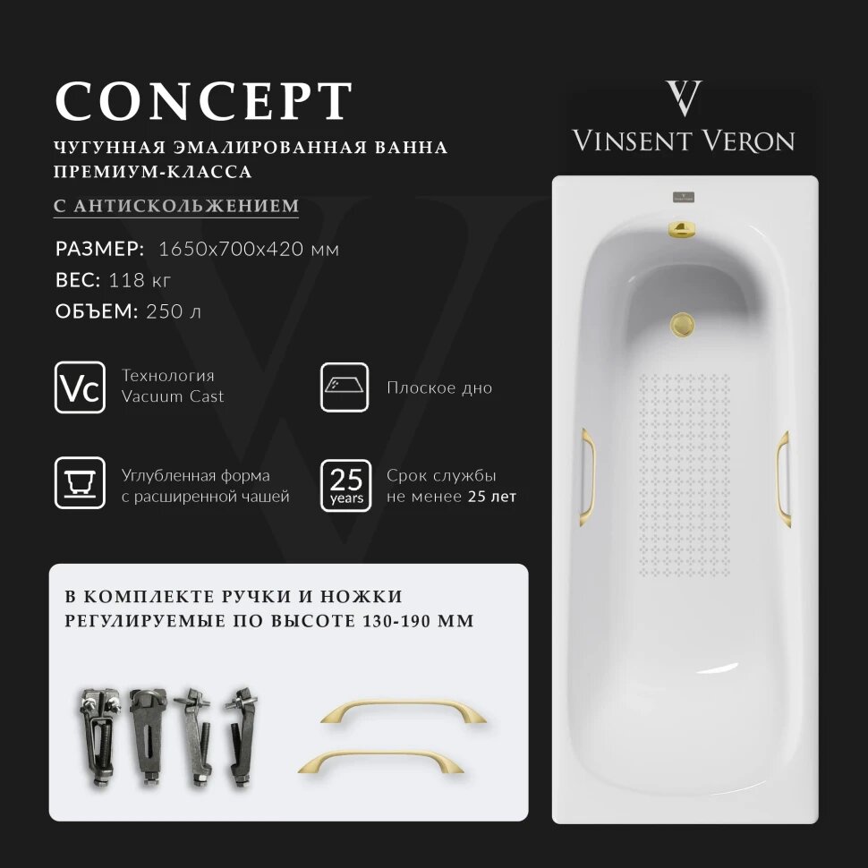 Ванна чугунная Vinsent Veron Concept VCO1657042H/VH0012MGD-AS 165x70 см, с ручками, антискользящим покрытием, белый