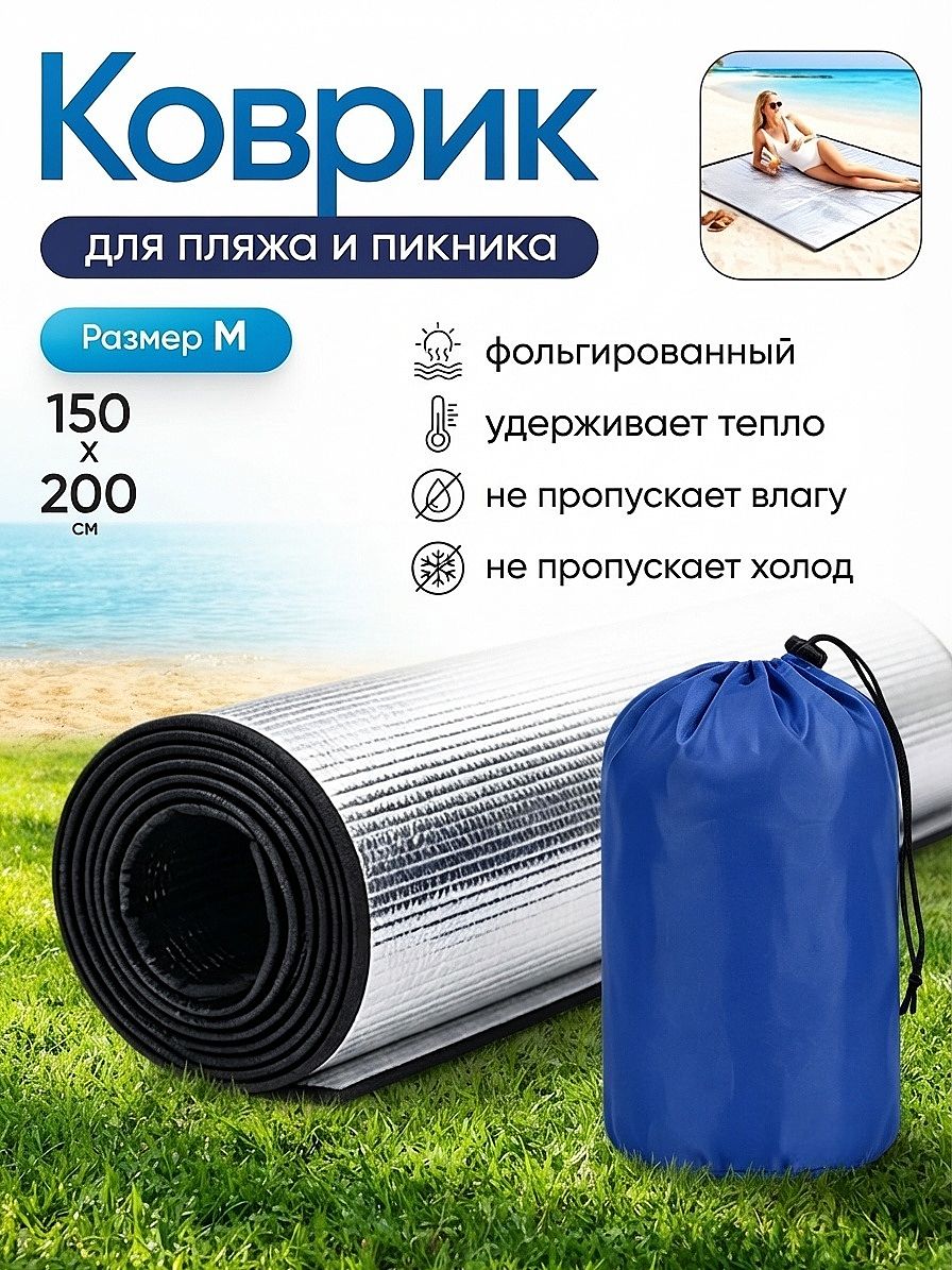 Коврик туристический с фольгой складной, Пол для палатки,200*150 см. Походный, теплый, армейский, для охоты и рыбалки