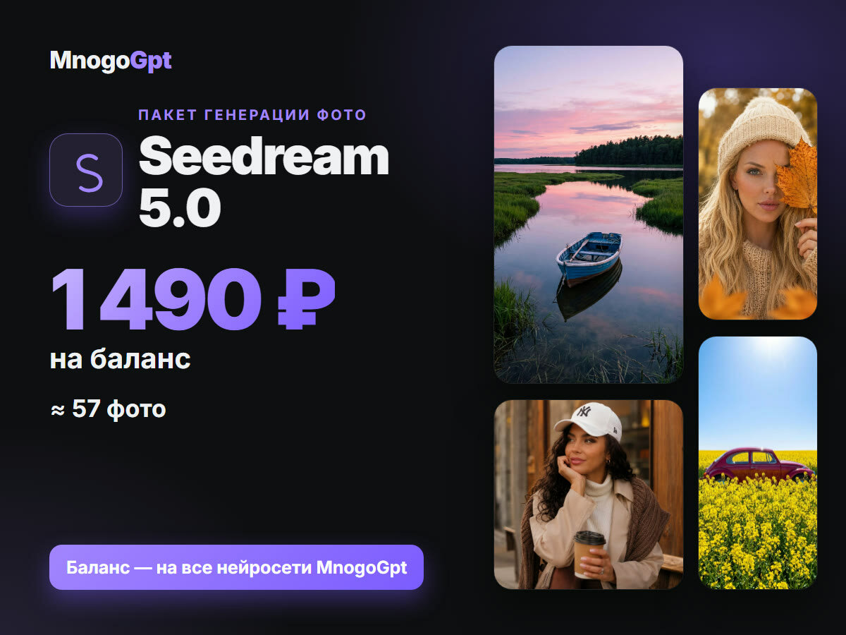 Нейросеть для фото Seedream 5.0 — без подписки, баланс 1 490 ₽ в кабинете MnogoGpt, ≈57 фото