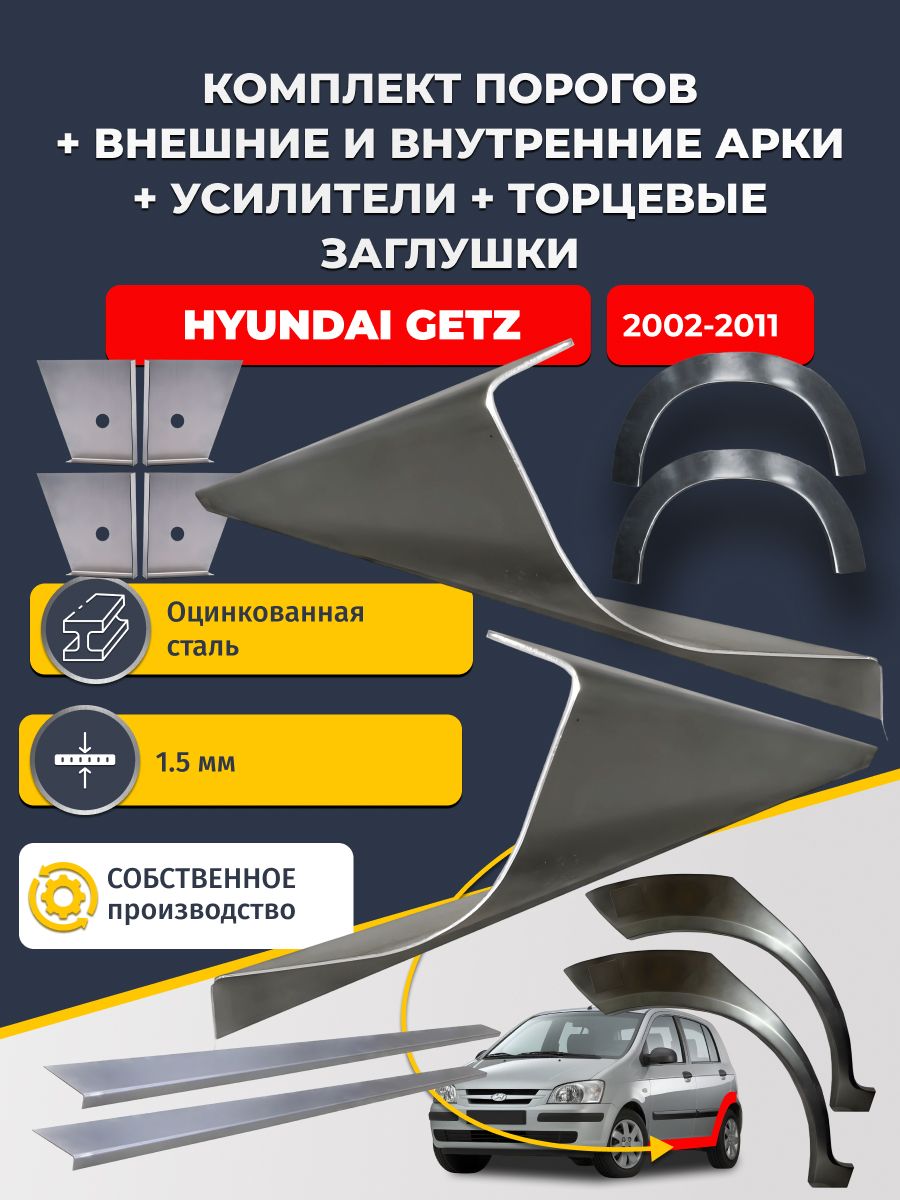 Комплект ремонтных задних внешних и внутренних арок (0,8 мм) + комплект порогов + 4 торцевые заглушки + усилители, на Hyundai Getz 1 2002-2011 хэтчбек 5 дв (Хендай Гетц 1) Оцинкованная сталь 1.5 мм