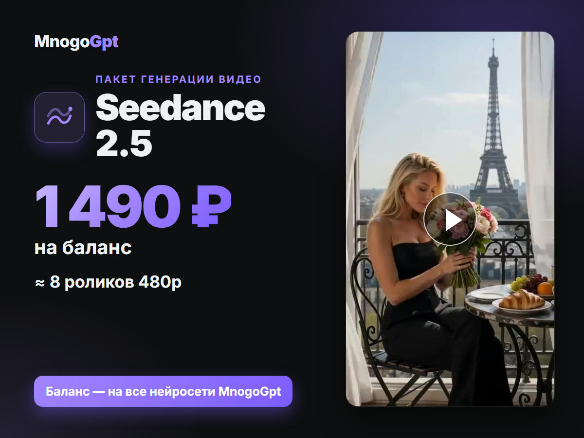 Оживить фото: нейросеть для видео Seedance 2.5 — без подписки, баланс 1 490 ₽ MnogoGpt, ≈8 роликов 480p