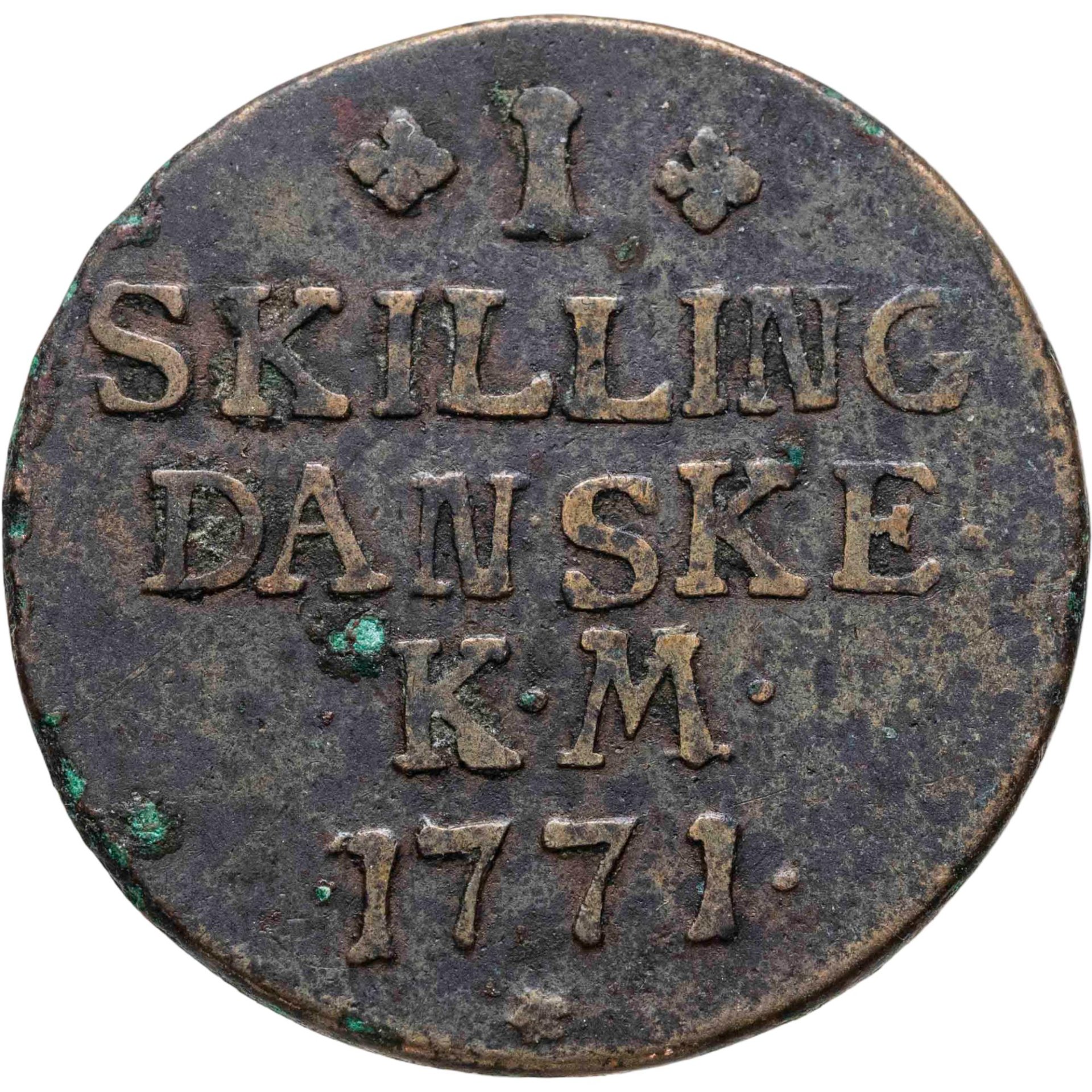 Дания 1 скиллинг 1771, Медь, в сохранности VF