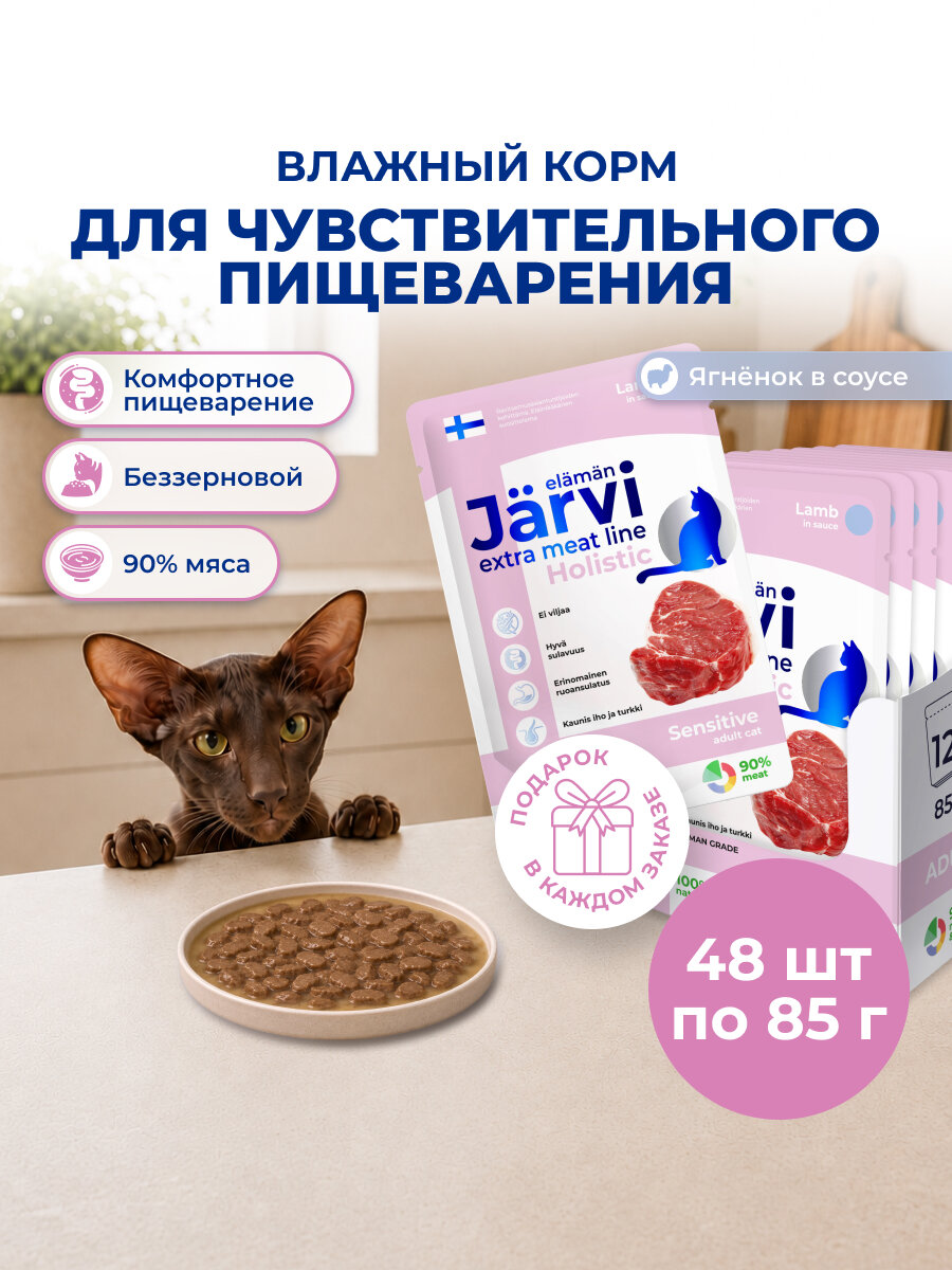 Влажный корм Jarvi Extra meat line для кошек с чувствительным пищеварением с ягненком (кусочки в соусе), 85 г х 48 шт.