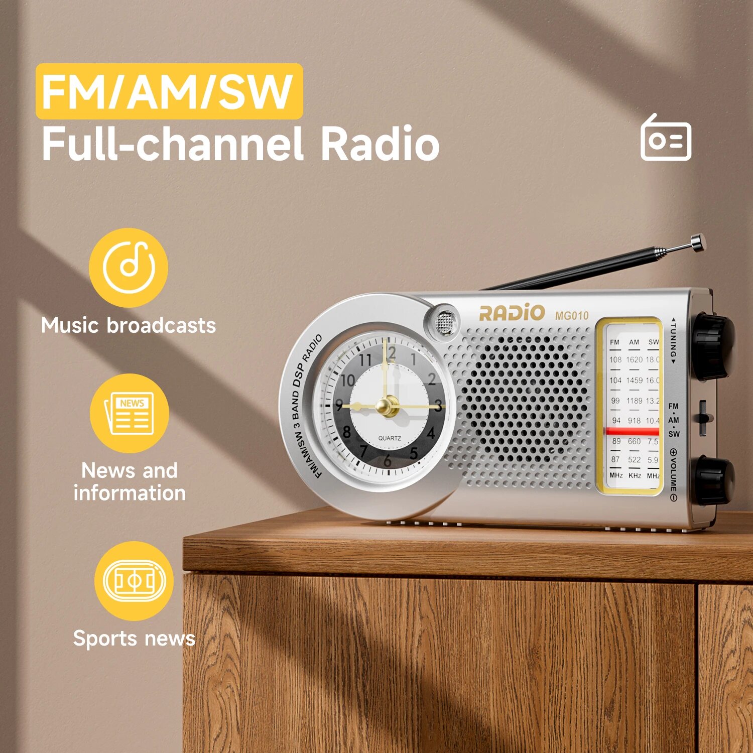 Радиочасы с приемом AM / FM / SW. Высокое качество звука и портативный, удобный дизайн для ежедневного использования. Серебро