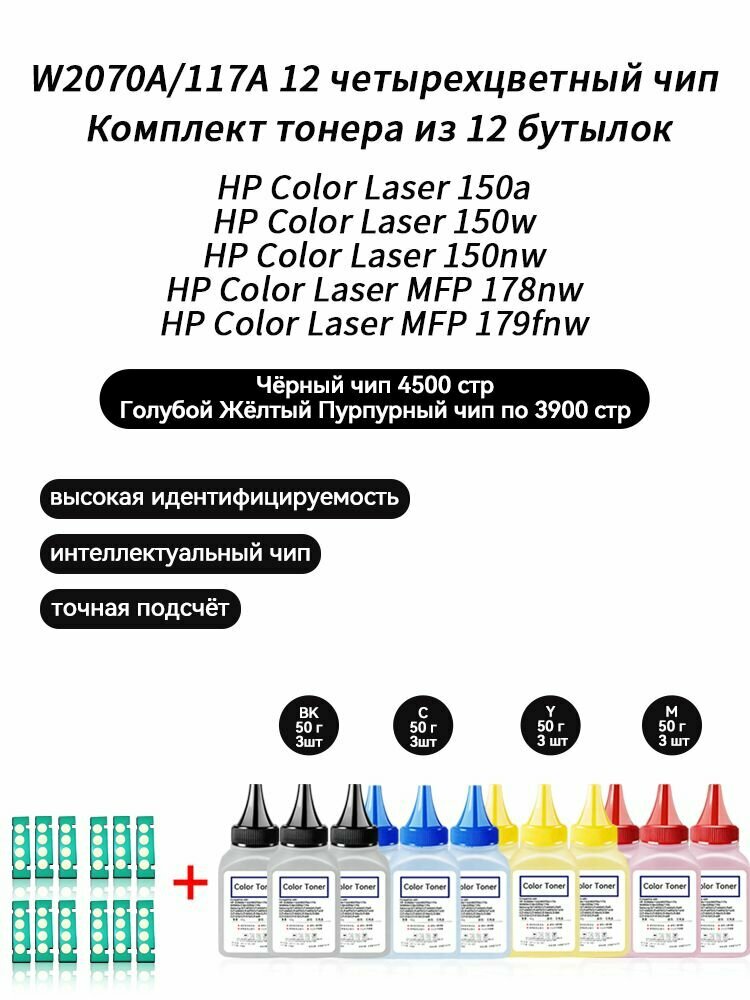 Тонер W2070A HP117A (набор) тонер 50г 12 шт + чип 12 шт для картриджей HP Color Laser MFP 178nw 179fnw 150a 150w 150nw, совместимый, Набор CMYK, 12 шт