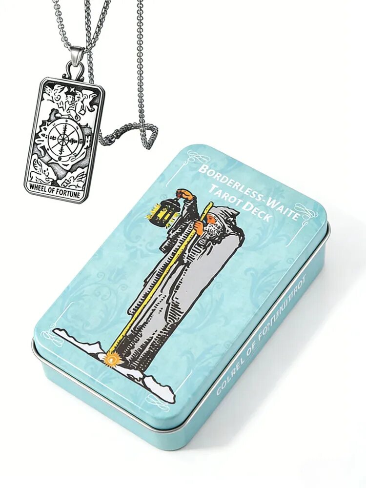 Таро <Безграничный Уэйт> (Borderless Waite Tarot) в жестяной коробке, размер карт 10 6 см, 78 карт + руководство + стальной кулон в подарок