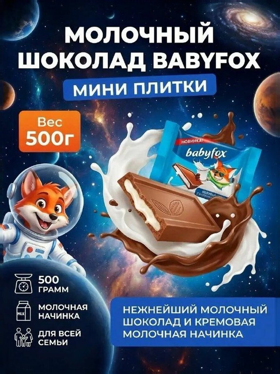 Конфеты Молочный шоколад Babyfox мини плитки, 500 гр