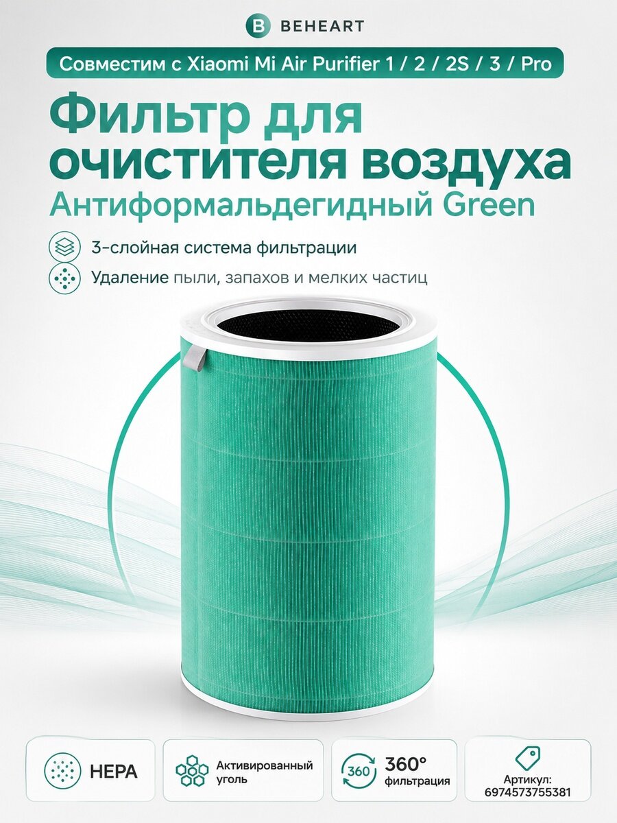BEHEART Фильтр для очистителя воздуха Xiaomi Mi Air Purifier 4 Pro Green
