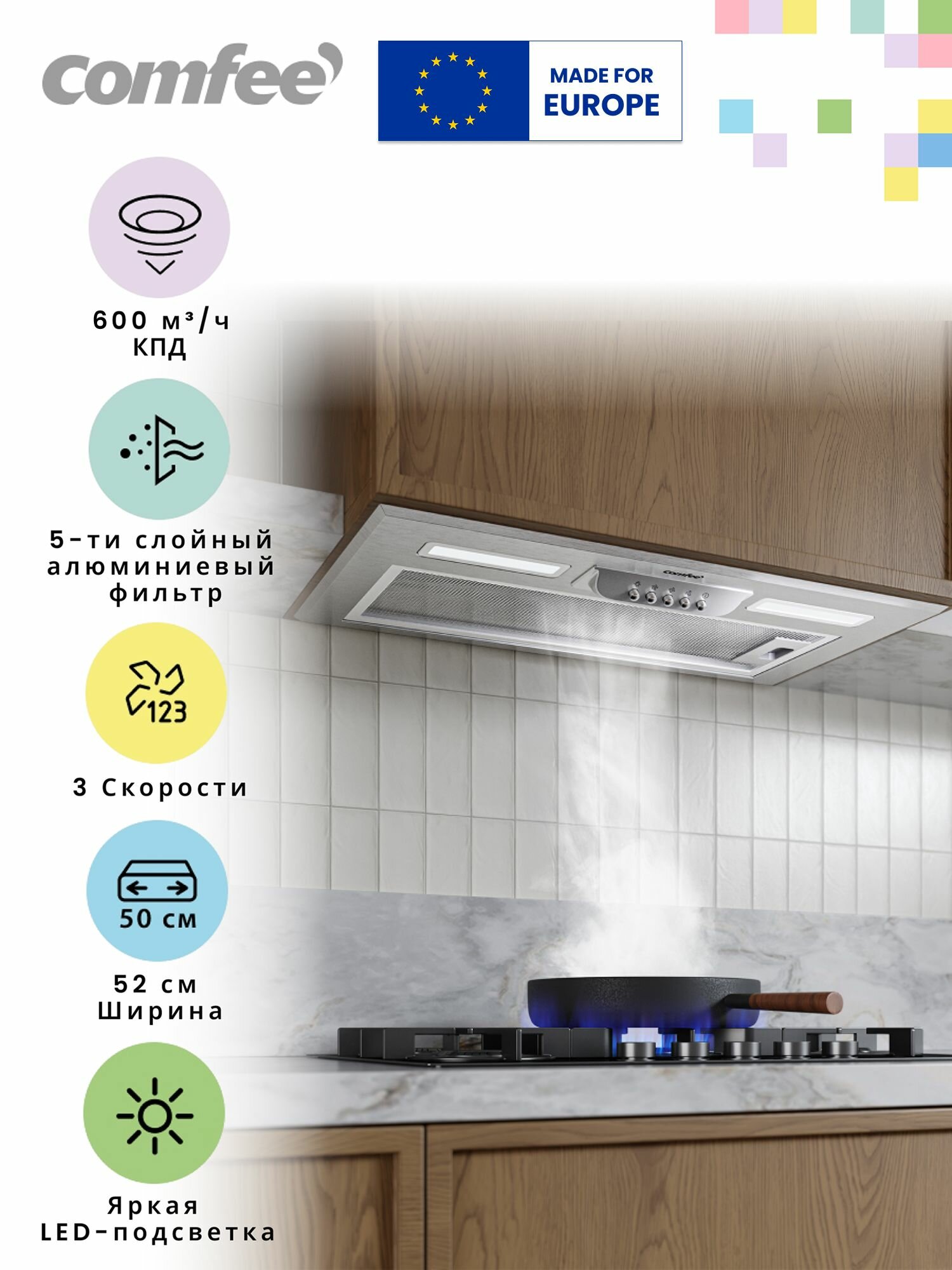 Вытяжка встраиваемая CHI601X, 52 см, 3 скорости, 600 м3/ч, 2 LED-лампы, отвод/рециркуляция, жировой алюминиевый фильтр