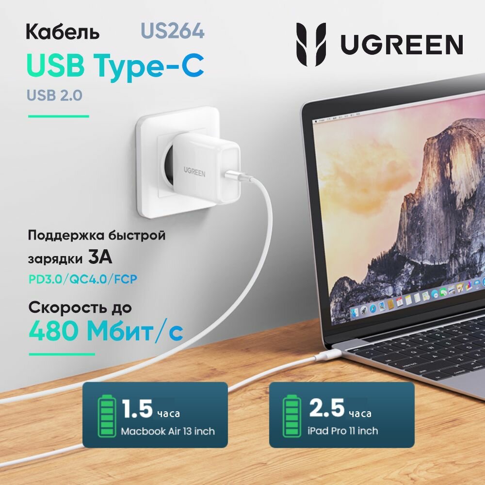Кабель UGREEN US264 (60518) USB 2.0 C M/M ABS Cover. Длина 1 м. Цвет: белый