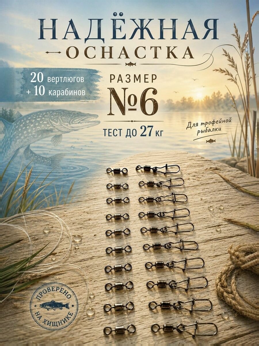 Вертлюги с карабином для рыбалки, размер 6, тест - 27кг / в наборе 20 шт