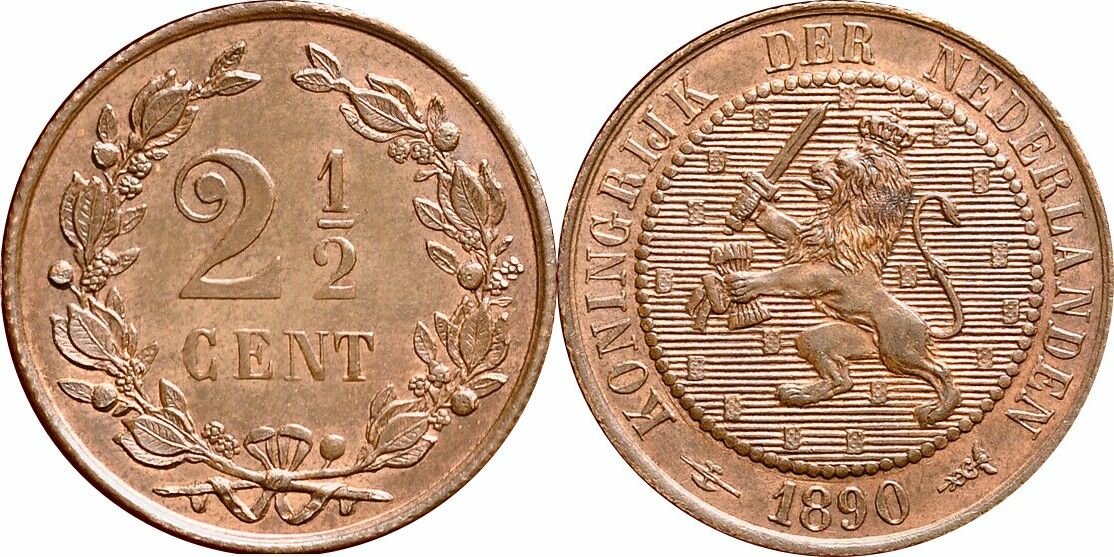 Нидерланды 2,5 цента, 1877 - 1898 Лев XF