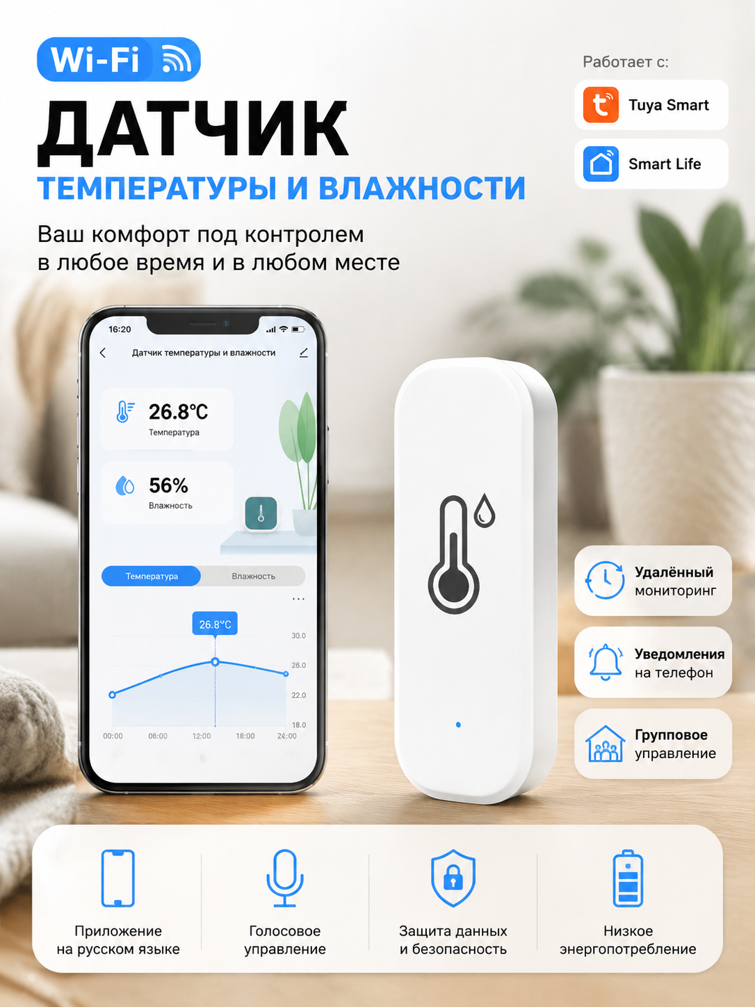 Датчик температуры WiFi Tuuya "Smart Life", для умного дома, с голосовым управлением