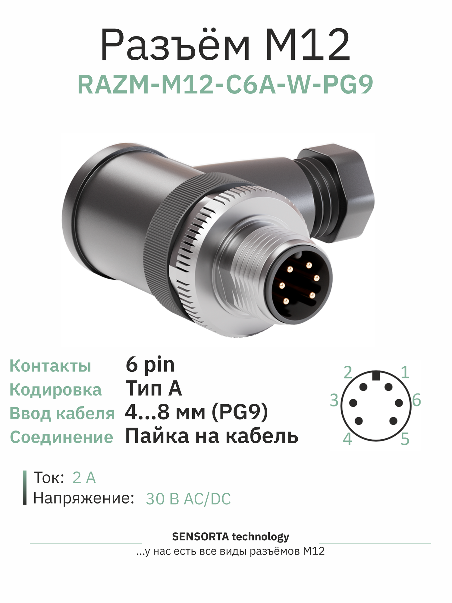 RAZM-M12-C6A-W-PG9 разъём М12 6 pin угловой / вилка (папа) / PG9 (4-8 мм диаметр под кабель)