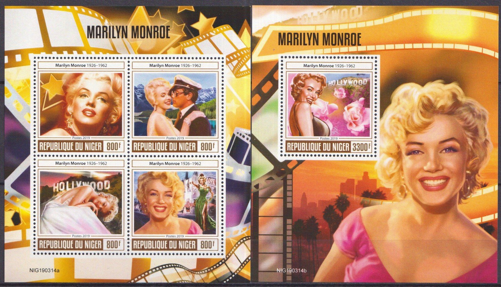 Марки 2019 год Нигер Мэрилин Монро Кино Голливуд #6614-17+Bl1022 Mnh