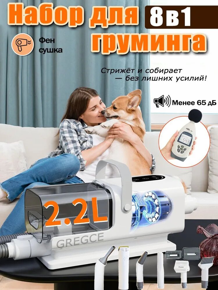 Набор машинки для стрижки собак с пылесосом 8 в 1 (2026), 11000 Pa, бесшумный, подогрев воздуха, евровилка
