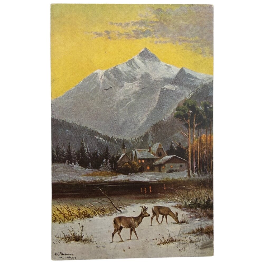 Почтовая открытка "Косули у горного озера на закате" 1900-1915 гг. Германская Империя
