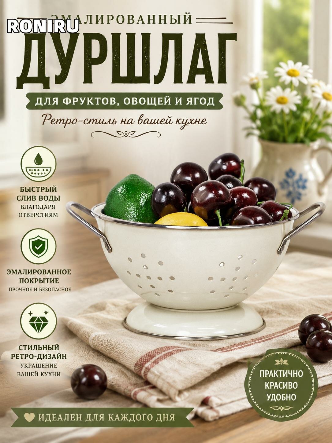 Эмалированный дуршлаг для фруктов, овощей и ягод с дренажными отверстиями — стильный ретро-дизайн, удобный для кухни