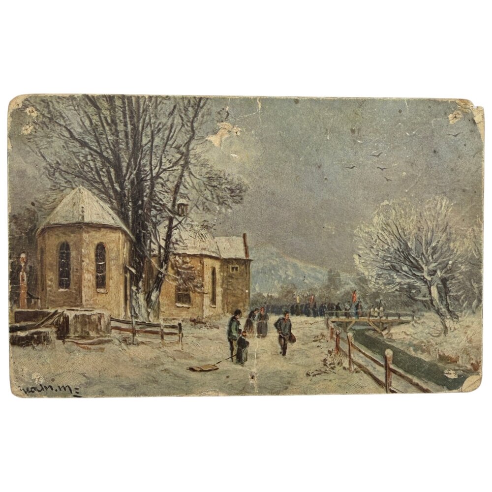 Почтовая открытка "Зимний день у церкви" 1910-1917 гг. Германская Империя