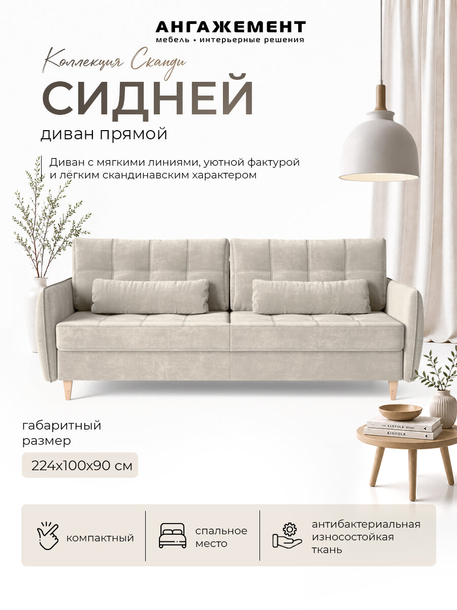 Диван прямой раскладной 224x100см Сидней, компактный диван-кровать, механизм пантограф