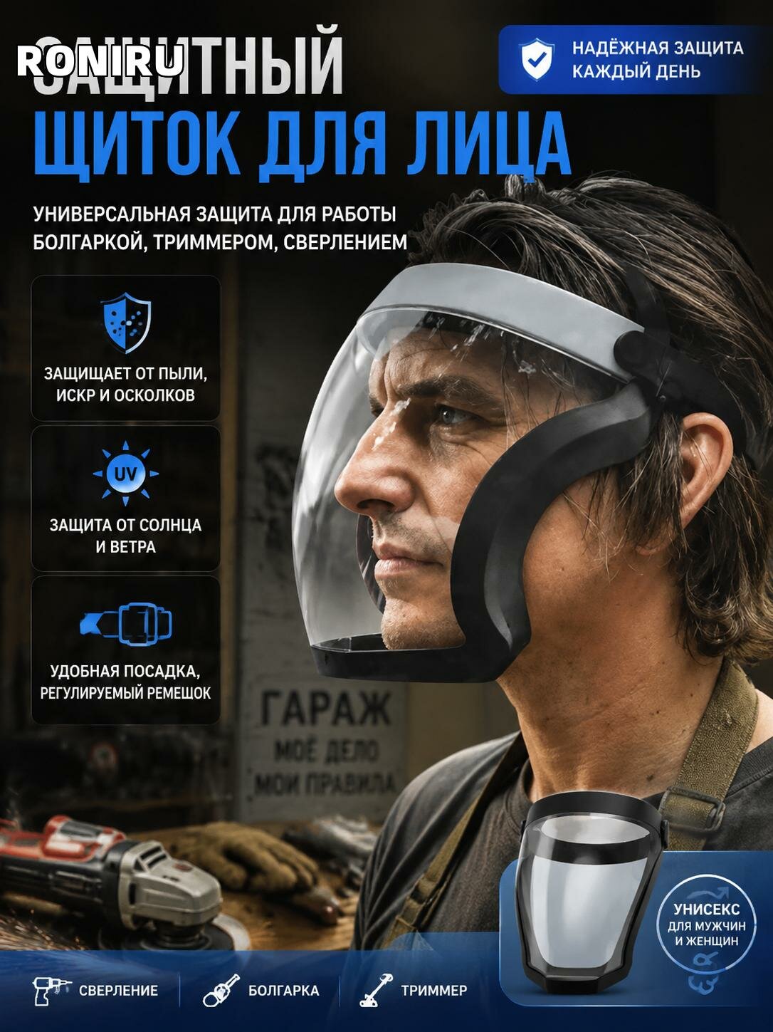 Прозрачный защитный щиток для лица — универсальная маска-щит для работы болгаркой, триммером, сверлением в гараже