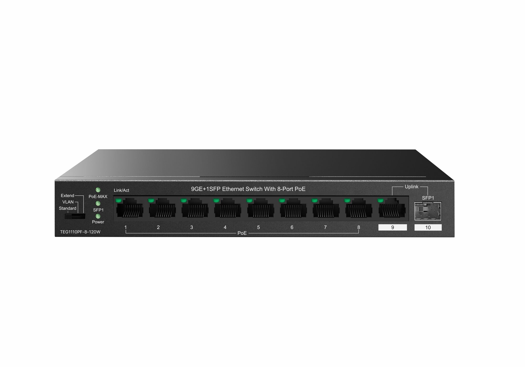 Tenda POE Коммутатор облачный управляемый, TEG2210P-8-120W,9 гигабитных портов + 1 порт SFP, 1000 Мбит/с, черный