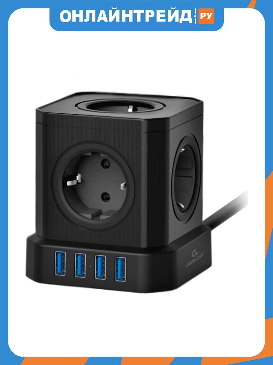 Сетевой фильтр Cablexpert Tower 5 розеток, 10А, 4хUSB, 3.1А, 3м, черный, коробка (TWR-5-U4-B-3)
