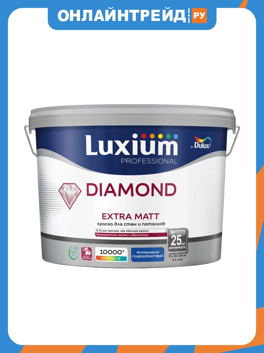 Краска для стен и потолков, водно-дисперсионная Luxium Diamond Extra Matt глубокоматовая база BW 9 л